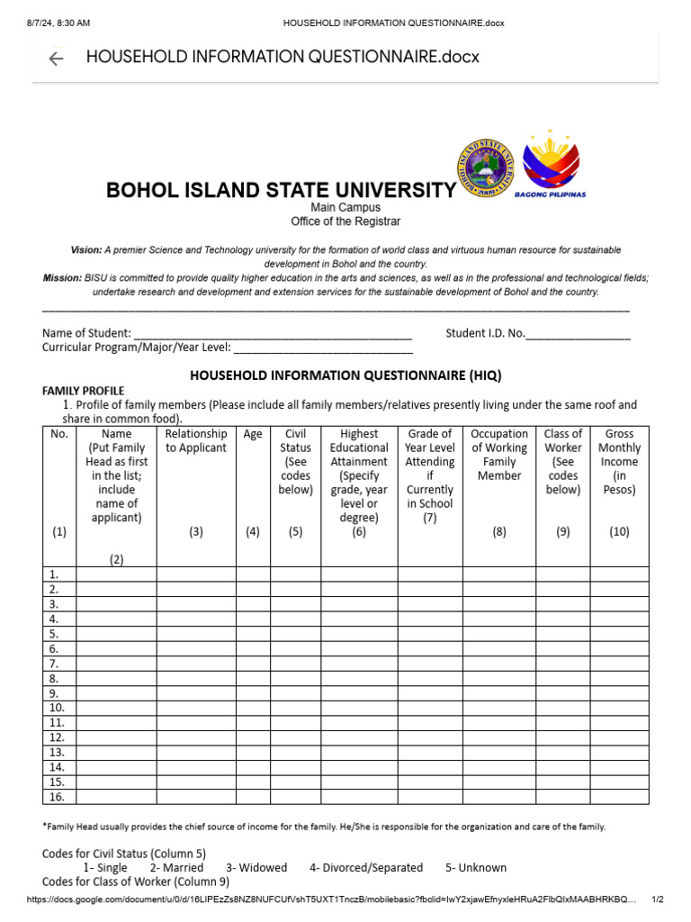Household Information Questionnaire | PDF | Employment | Economies