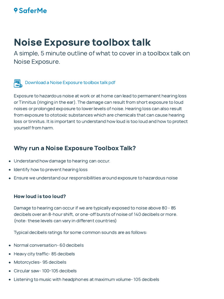 Noise Exposure Toolbox Talk Guide | PDF | Noise | Hearing Loss
