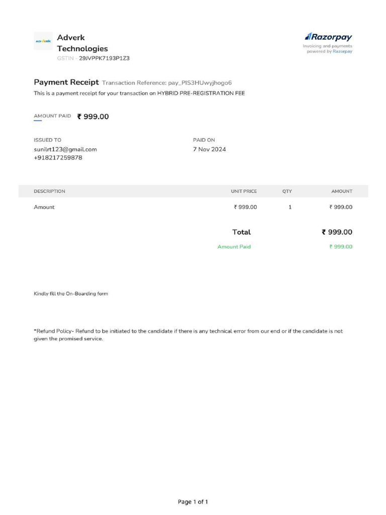 Receipt Pay - PIS3HUwyjhogo6 From Adverk Technologies (Paid) | PDF