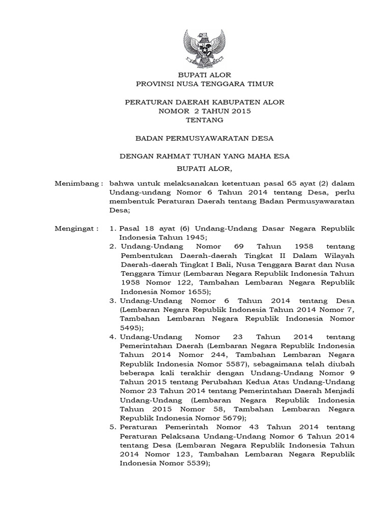 Perda BPD Nomor 2 Tahun 2015 | PDF