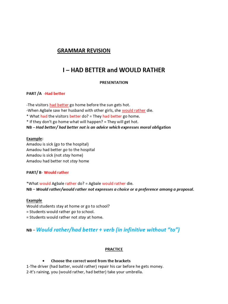 Grammar Guide: Had Better vs. Would Rather | PDF | Language Arts ...