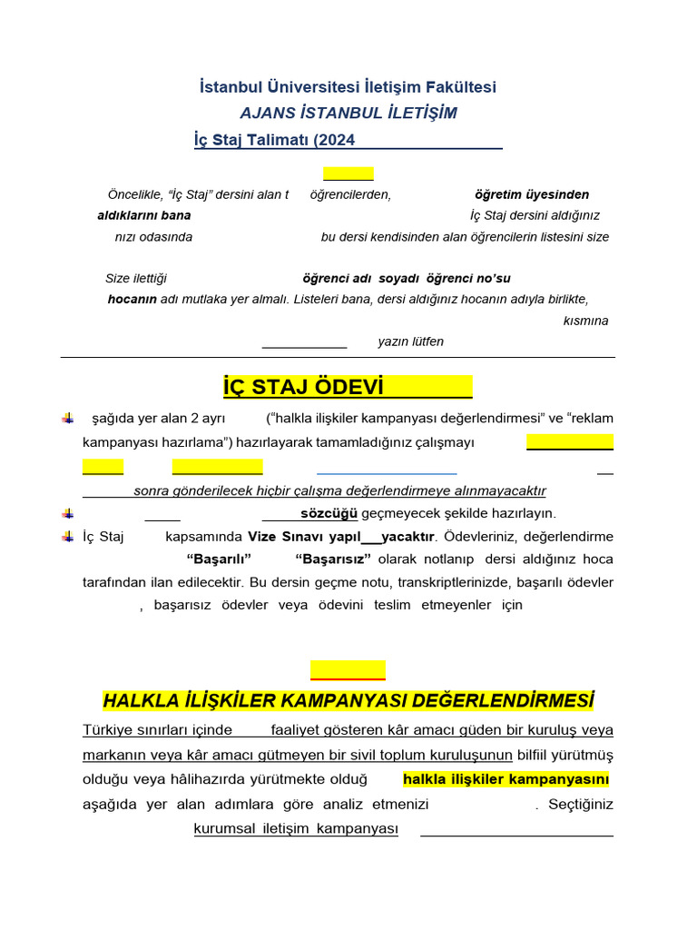 Ic Staj Ajans Istanbul Iletisim 2024 2025 | PDF