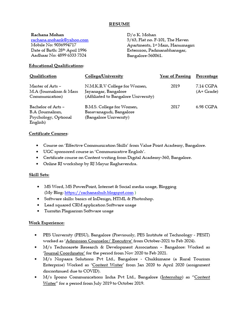 Rachana Mohan: Journalism & Communication Resume | PDF