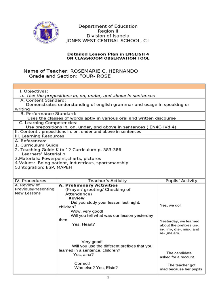 English 4 Lesson Plan: Prepositions | PDF | English Language | Curriculum
