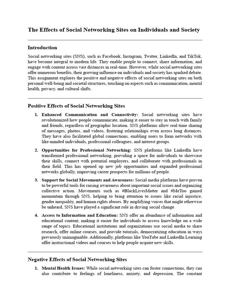 The Effects of Social Networking Sites On Individuals and Society | PDF ... The Effects of Social Networking Sites On Individuals and Society | PDF ...