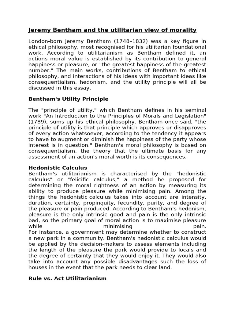 Bentham's Utilitarian Ethics Explained | PDF | Utilitarianism | Hedonism