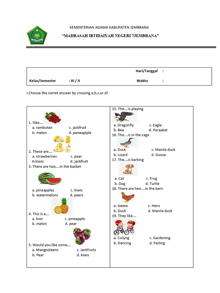 Soal Bhs Inggris Kelas 3 | PDF | Fruit | Tropical Fruit