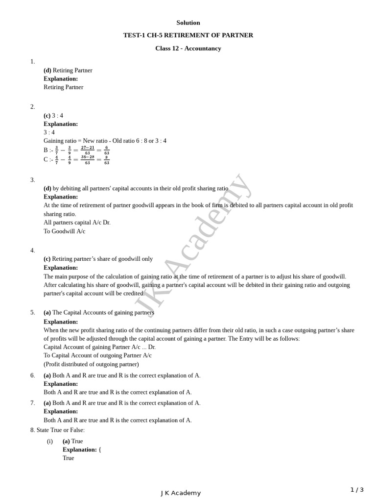 12th CB Acc Ch-5 Test-1 Solution | PDF | Odds | Debits And Credits