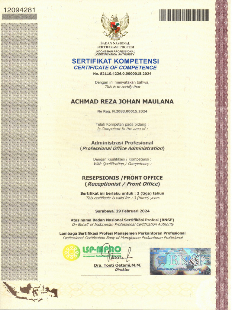 Sertifikat LSP Kompetensi Mahasiswa Achmad Reza Johan Dari Bu Novi Tris PAP227 | PDF