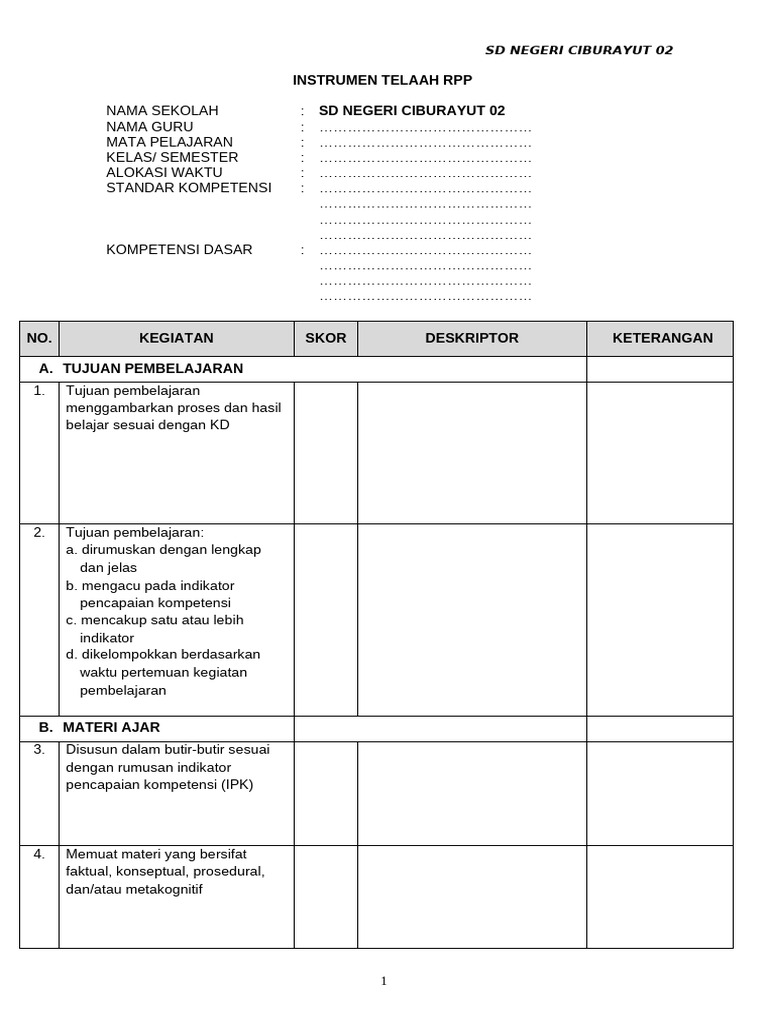 INSTRUMEN TELAAH RPP Baru | PDF | Karier & Perkembangan