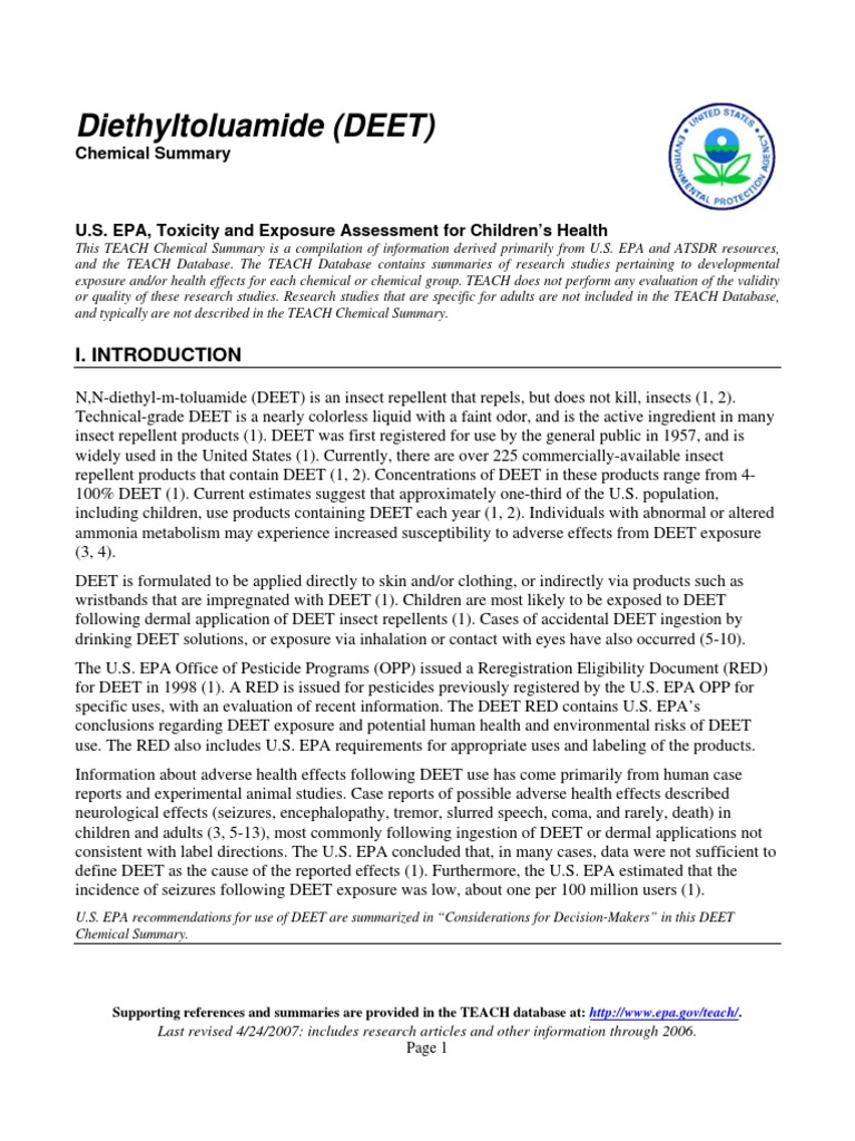 Diethyltoluamide (DEET) : Chemical Summary | PDF | Toxicity | Medical ...