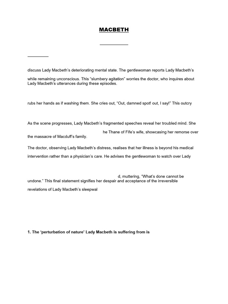 MACBETH Act 5 Scene 1 Q&A | PDF | Macbeth | Guilt (Emotion)