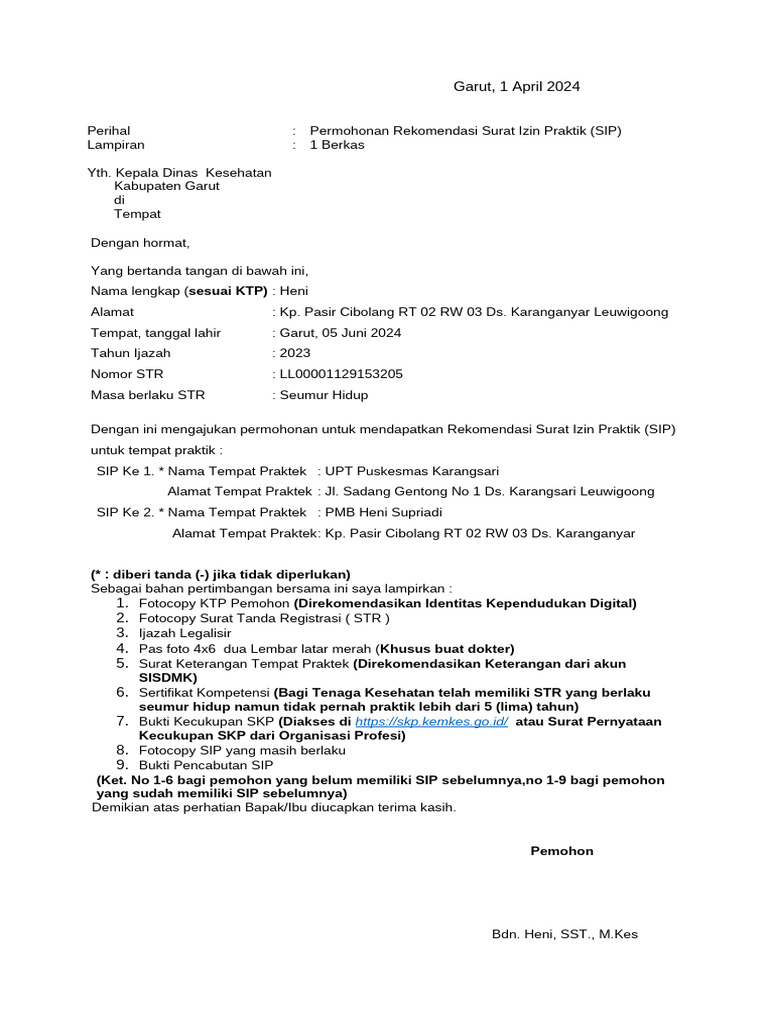 Form Permohonan Pengajuan Rekomendasi SIP 2024 NEW | PDF