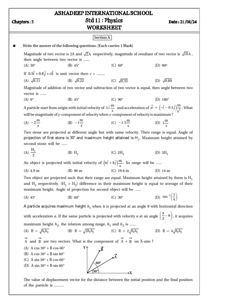 Ashadeep International School STD 11: Physics Worksheet: Chapters: 3 ...