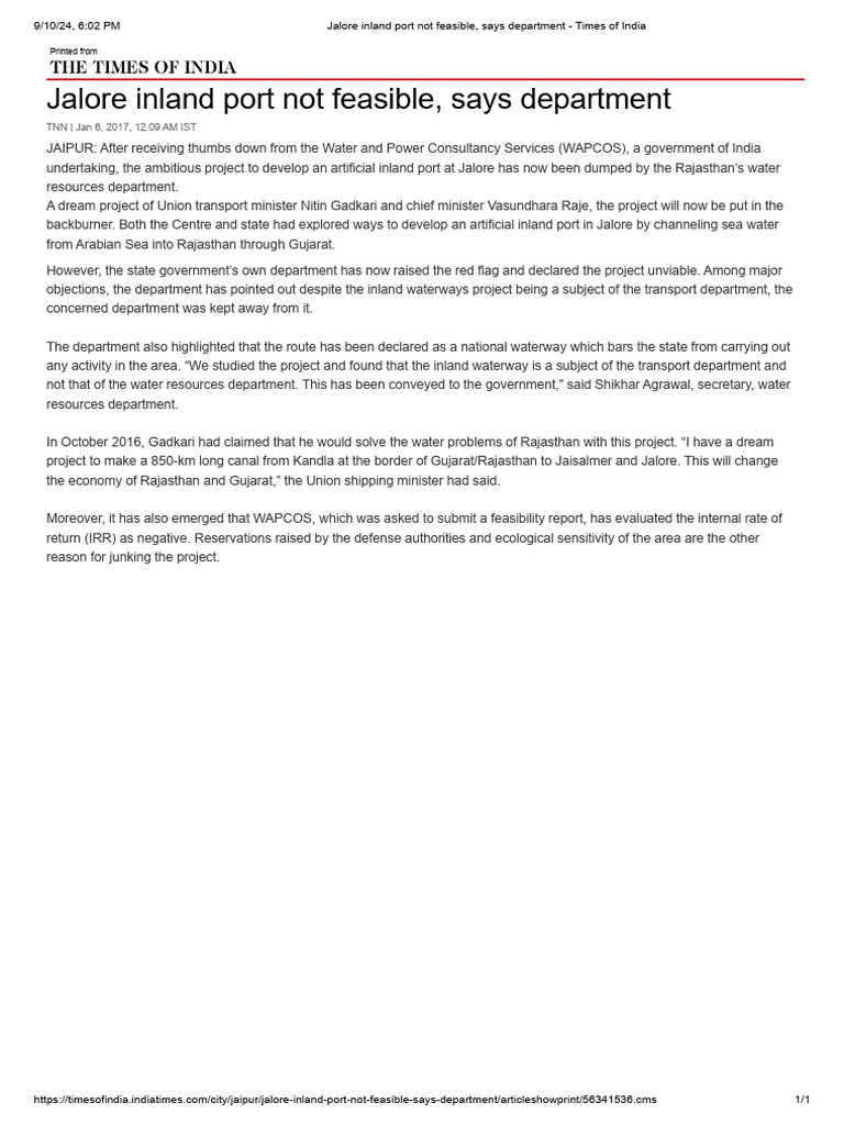 Jalore Inland Port Project Declared Unviable | PDF | Business | Science ...
