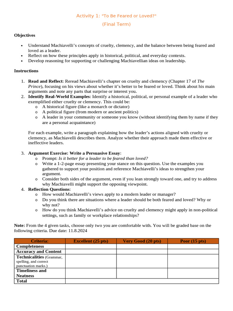 Activity-1-Final-Term | PDF | Niccolò Machiavelli | Argument
