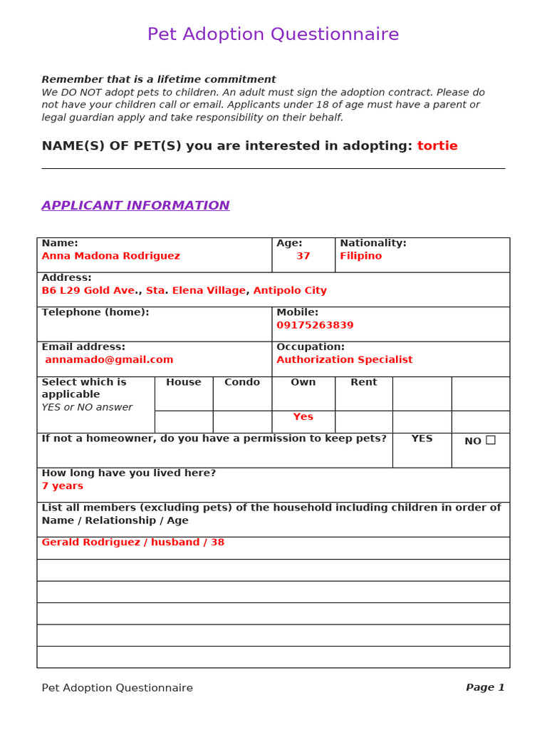 1.-Pet-Adoption-Questionnaire 2 | PDF | Animals And Humans | Animal Welfare