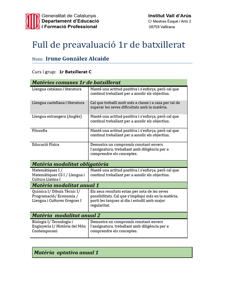 Informe Preavaluació 1r Batx González Alcaide - Irune | PDF