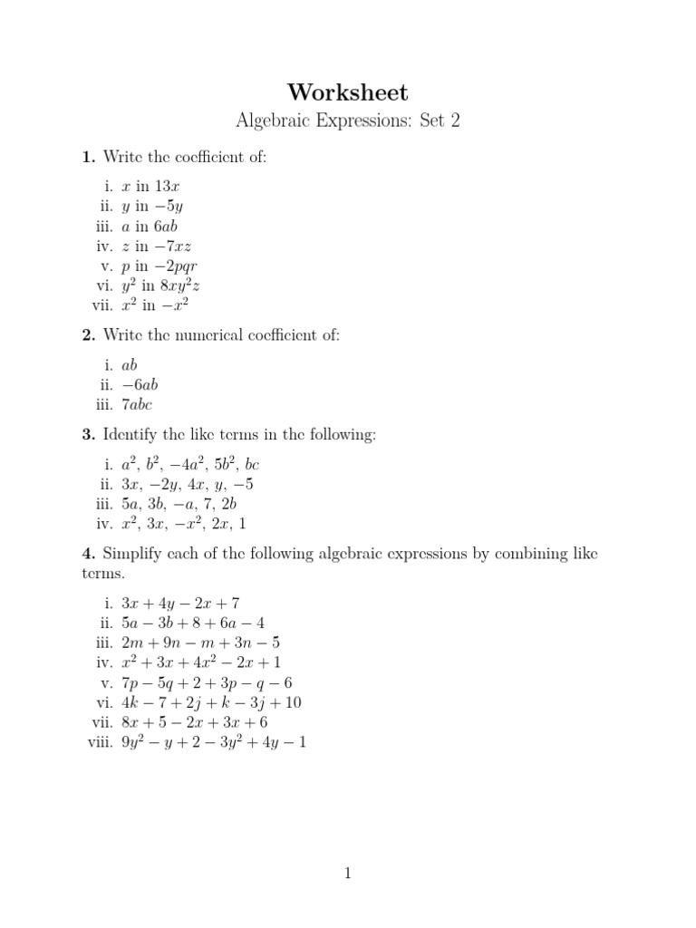 Algebraic Expression Ws 2 | PDF | Teaching Methods & Materials