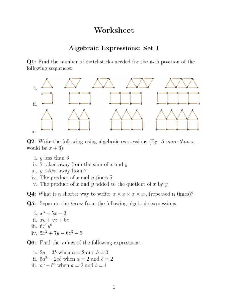 Algebraic Expressions Worksheet | PDF | Teaching Methods & Materials