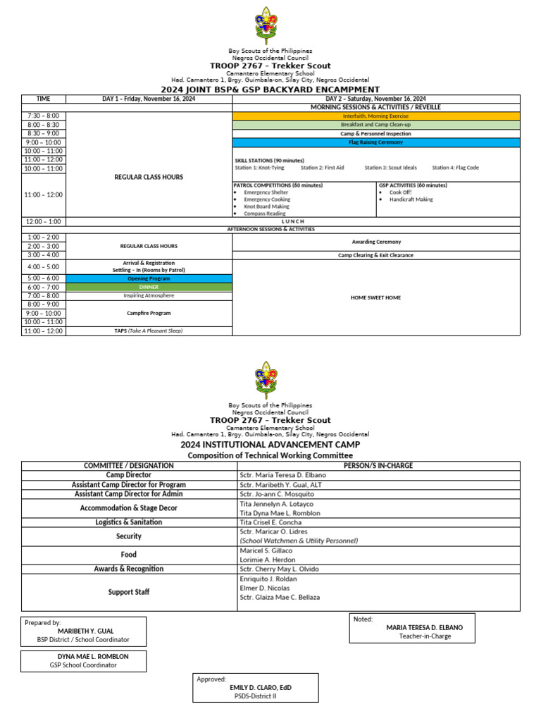 2024 BSP-GSP Backyard Encampment Schedule | PDF | Scouting | Youth Organizations