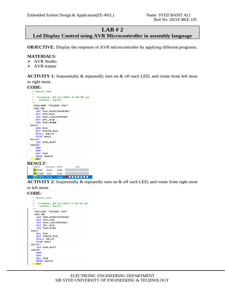 AVR Microcontroller LED Control Lab | PDF