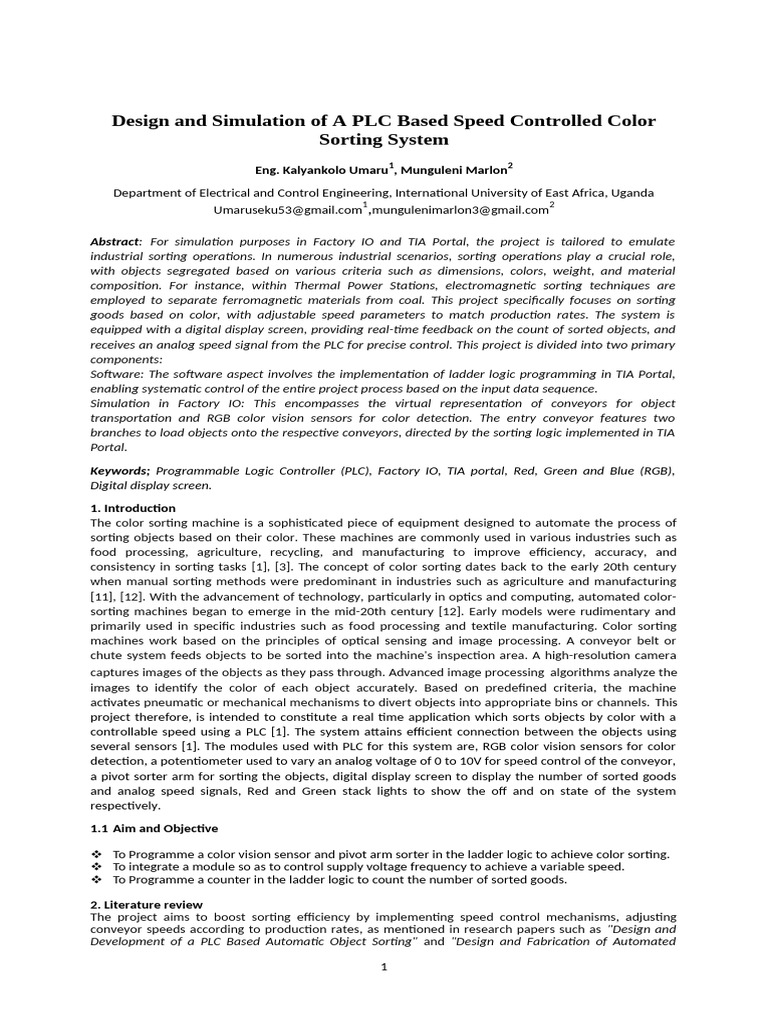 Design And Simulation Of A Plc Based Speed Controlled Color Sorting System Pdf Programmable