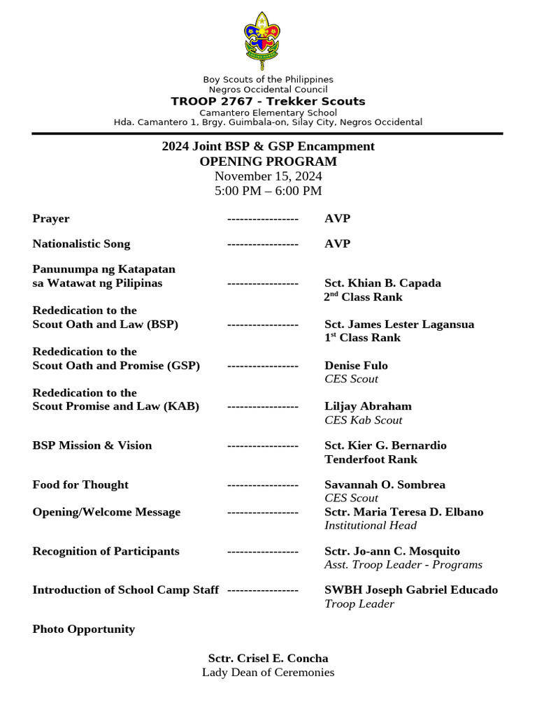 BSP Joint BSP GSP Backtard Camp Opening Program | PDF | Girl Guiding And Girl Scouting ...