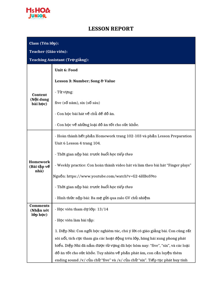 Lesson Report - U6 - l3 - Kiddie | PDF