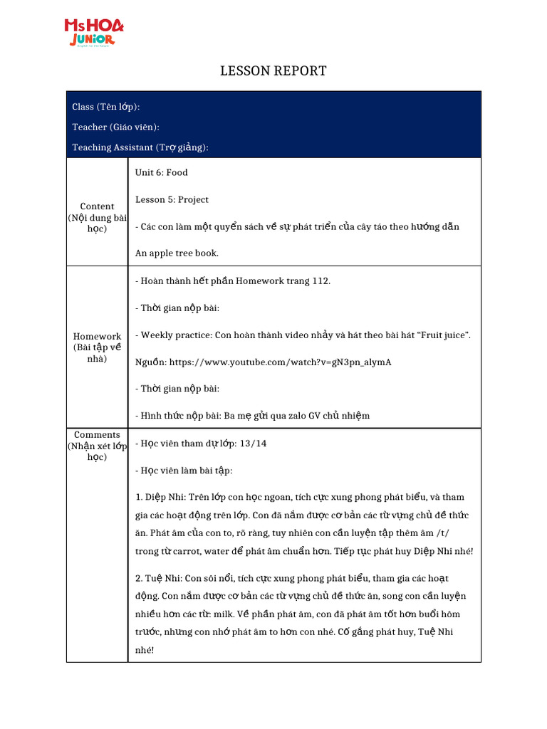 Lesson Report - U6 - L5 - Kiddie | PDF