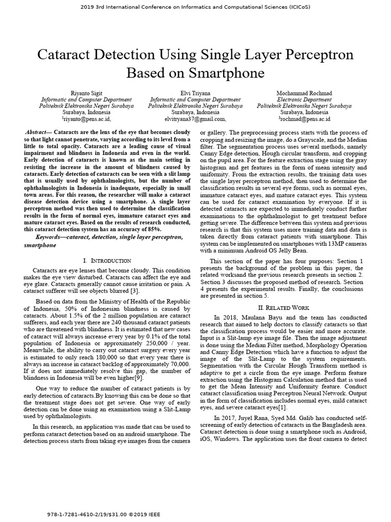 Cataract Detection Using Single Layer Perceptron Based On Smartphone Pdf Image Segmentation