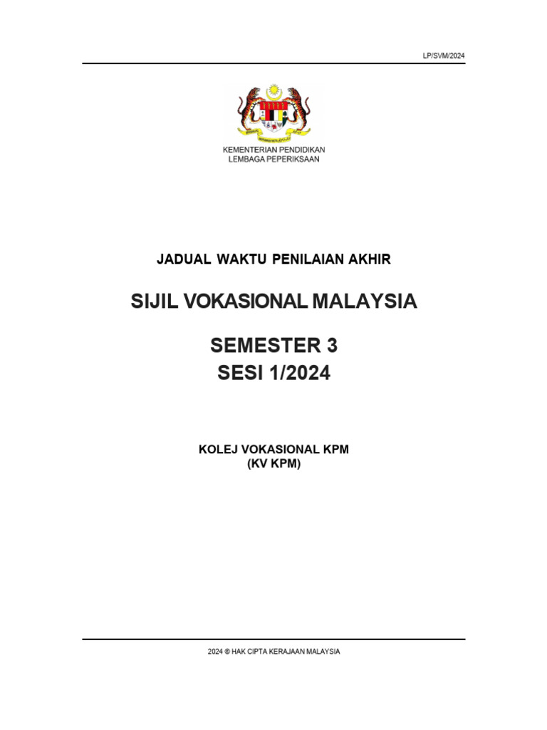 Jadual Waktu PA SVM Semester 3 Sesi 1 - 2024 KV KPM | PDF