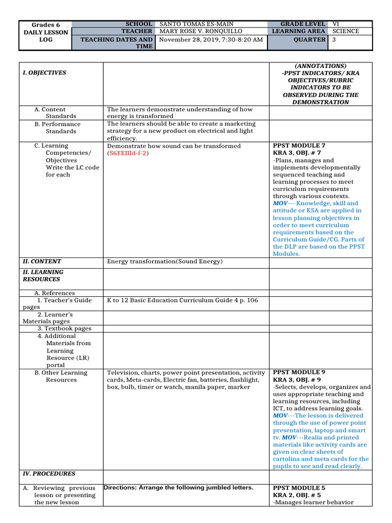 Toaz - Info Cot DLP Science 6 Energy Transformationdoc PR | PDF | Learning | Curriculum