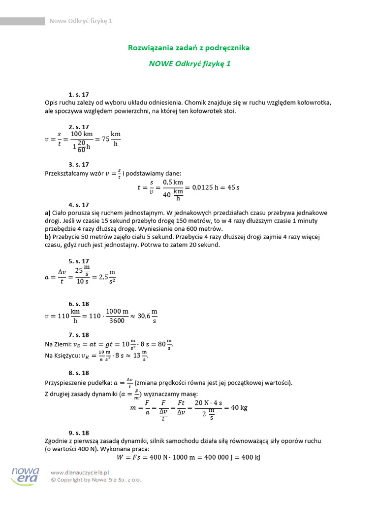 Rozwiazania Zadan Z Podrecznika Nowe Odkryc Fizyke 1 Wstep I Dzial 1 | PDF