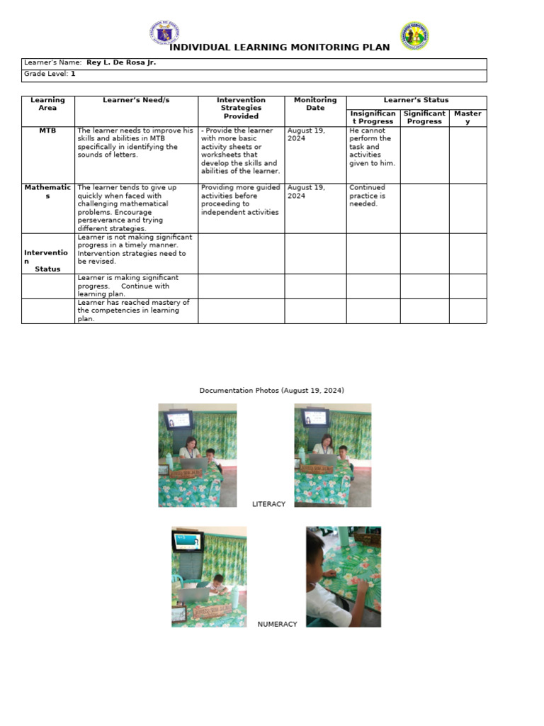 Individual Monitoring Plan | PDF | Learning | Literacy