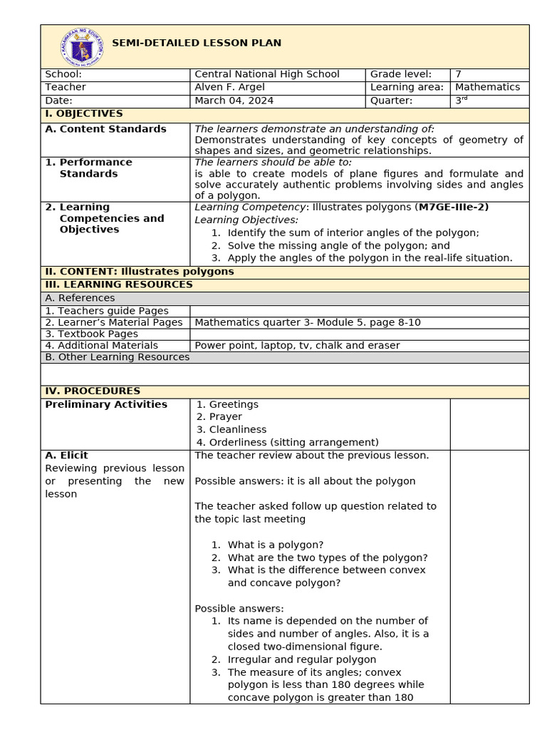 7th Grade Geometry Lesson Plan | PDF | Polygon | Triangle