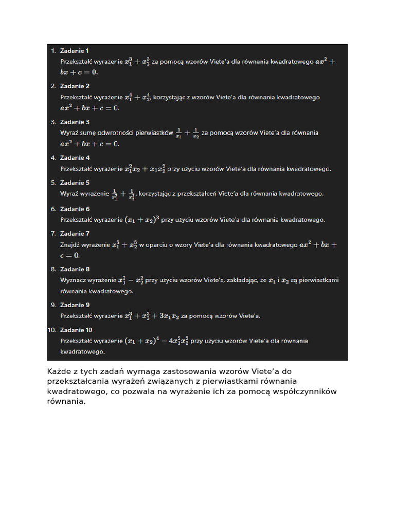 Wzory Viete'a + Równania Kwadratowe Z Parametrem | PDF