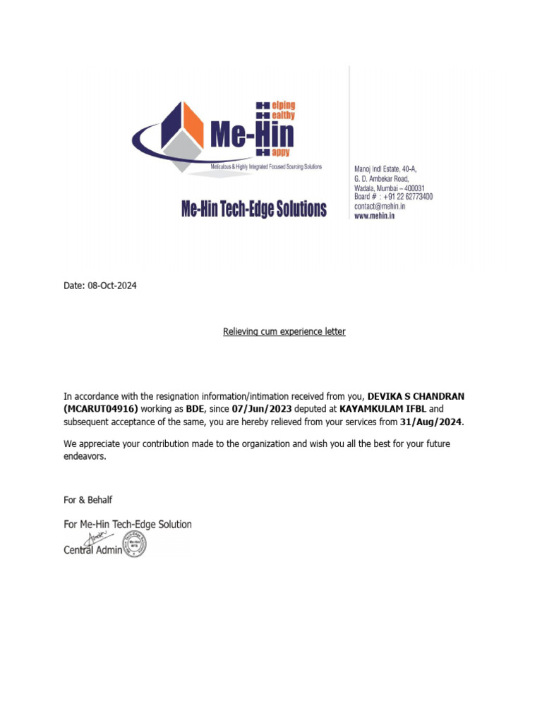 Relieving Letter for Devika S Chandran | PDF