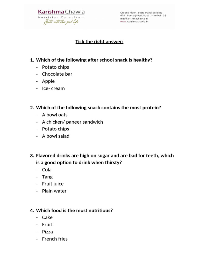 Tick The Right Answer - Food Quiz | PDF