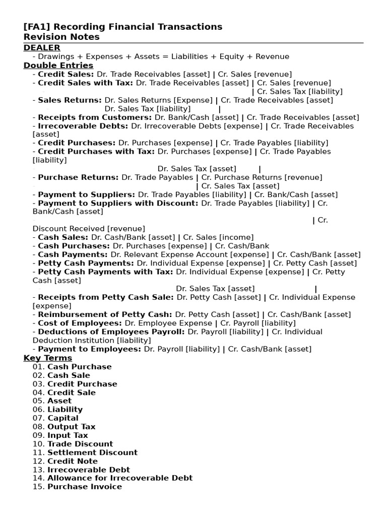 Acca Fa1 Revision Notes Pdf Debits And Credits Expense