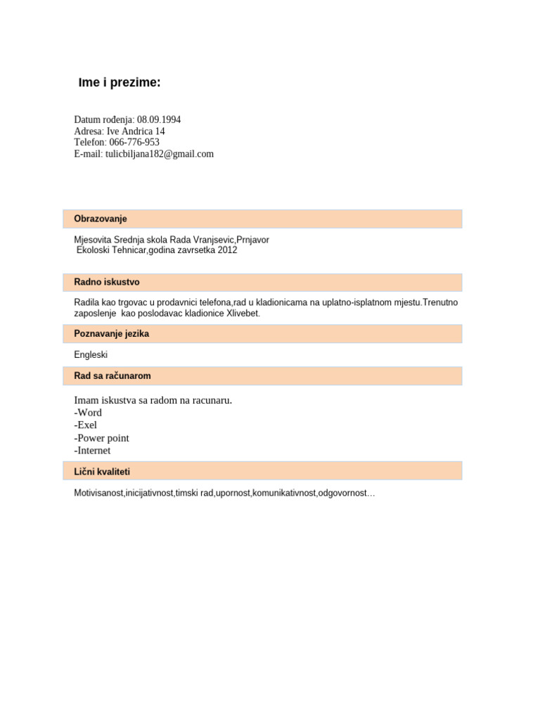 Kopija Datoteke CV Obrazac Bilja | PDF