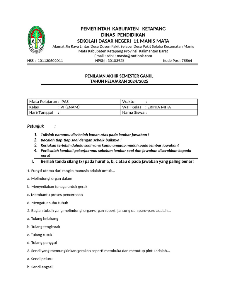 Soal Ulangan IPAS Kelas 6 Semester Ganjil | PDF