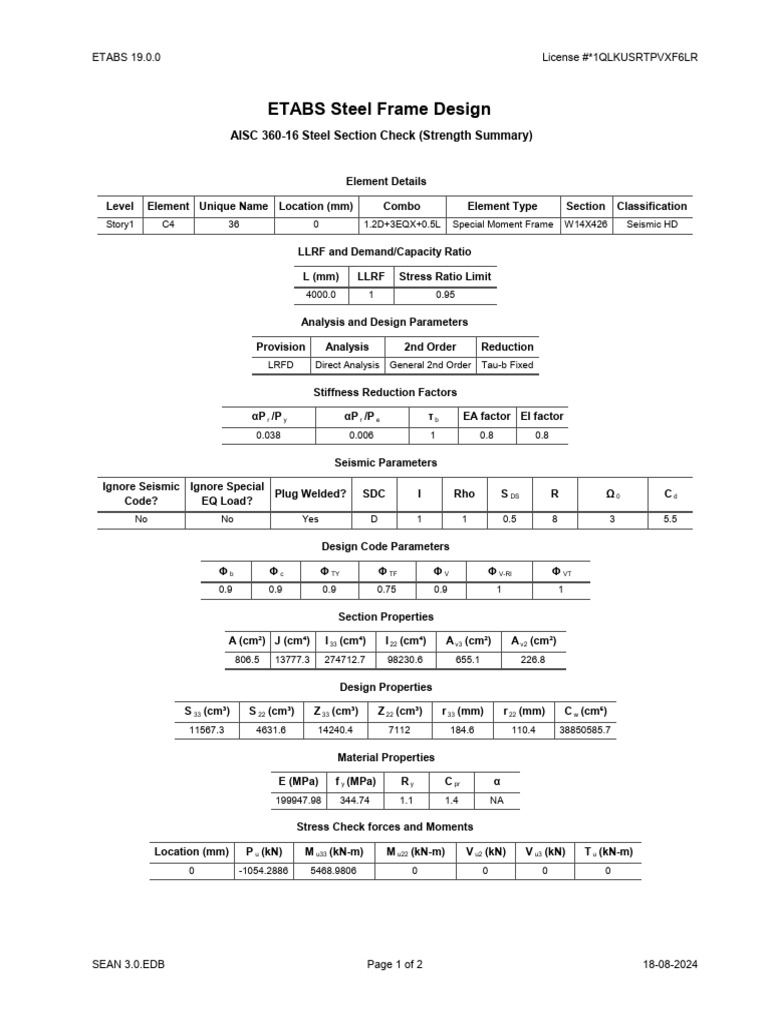 ETABS Steel Frame Design Summary | PDF | Classical Mechanics | Continuum Mechanics