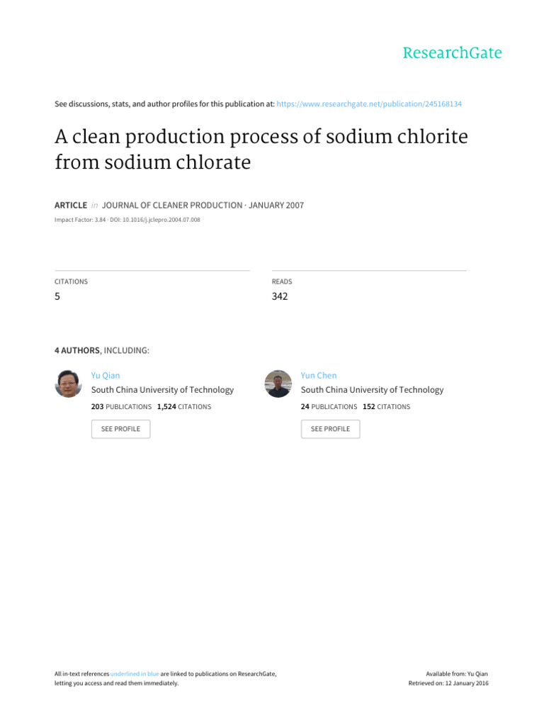 A Clean Production Process of Sodium Chlorite From Sodium Chlorate, Qian Et - Al, J. Cleaner ...