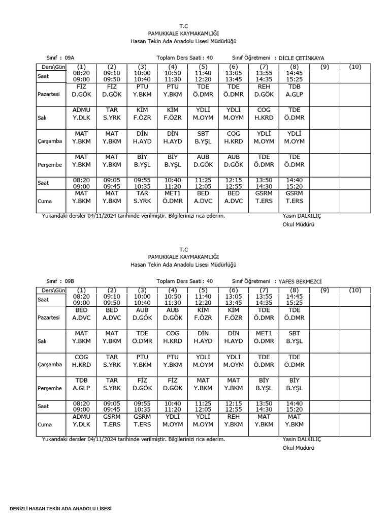 Sinif Programi (4kasim) | PDF