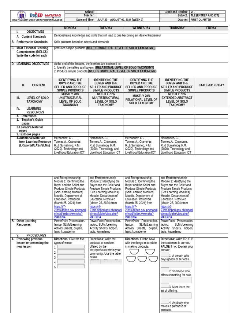 G6 Q1W1 DLL TLE - ENTREP AND ICT (MELCs) | PDF | Market (Economics) | Sales