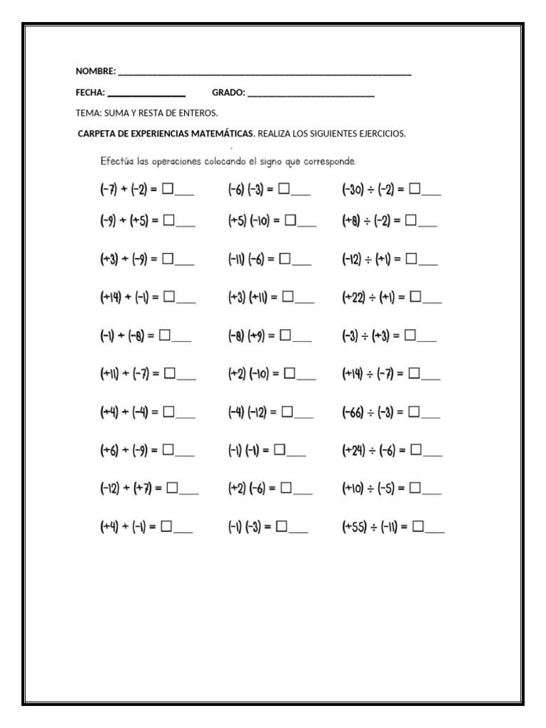 Suma y Resta de Enteros para Estudiantes | PDF