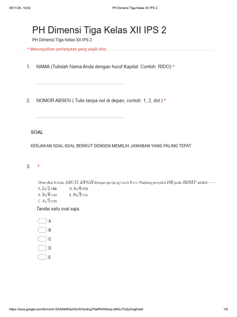 Soal PH Dimensi Tiga Kelas XII IPS 2 - Google Formulir | PDF