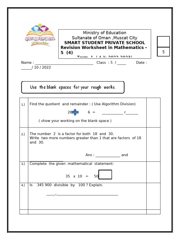 Grade 5 Math Revision Worksheet | PDF | Teaching Methods & Materials