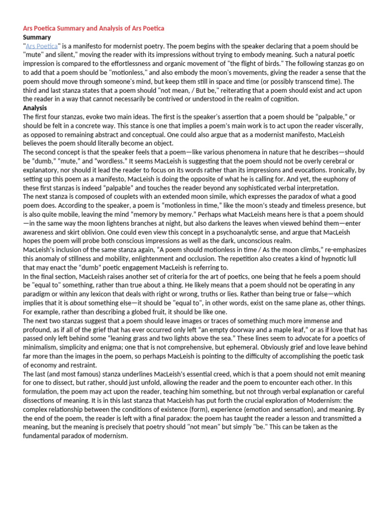 Ars Poetica Summary and Analysis of Ars Poetica | PDF | Poetry